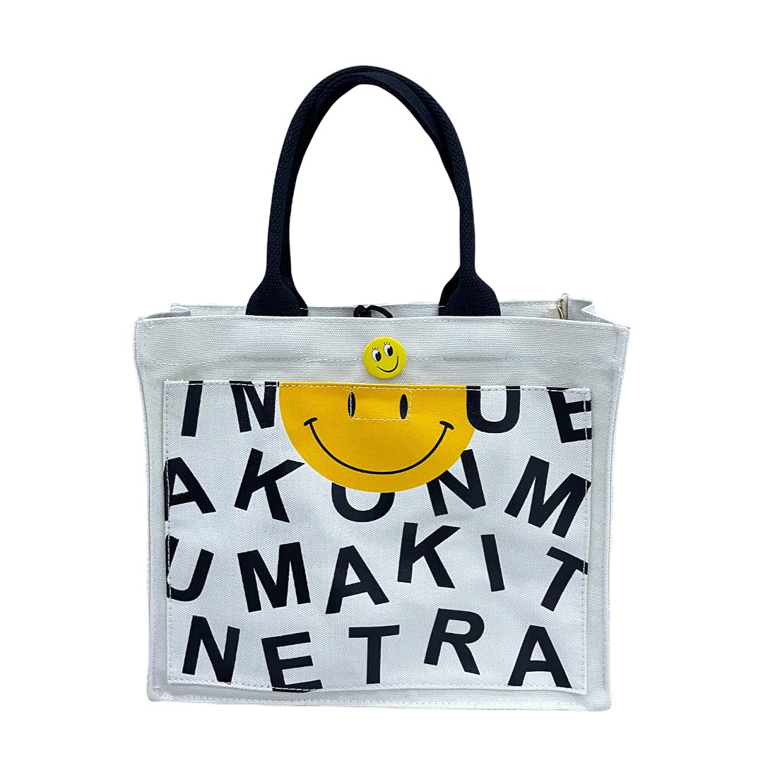 ROUGH & RAW, Tote Bag with Letter Smile Colorful Straps Shoulder Bag Canvas Single Shoulder Smile Face Bag Women`s Handbag Shopping Bags