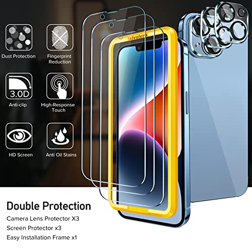 ivoler [3+3 Pack] Tempered Glass for iPhone 14 6.1 inch 2022 [3 Pack] with [3 Pack] Camera Lens Screen Protector with [Alignment Frame], Anti-Scratch Case Friendly Transparent HD Clear Film