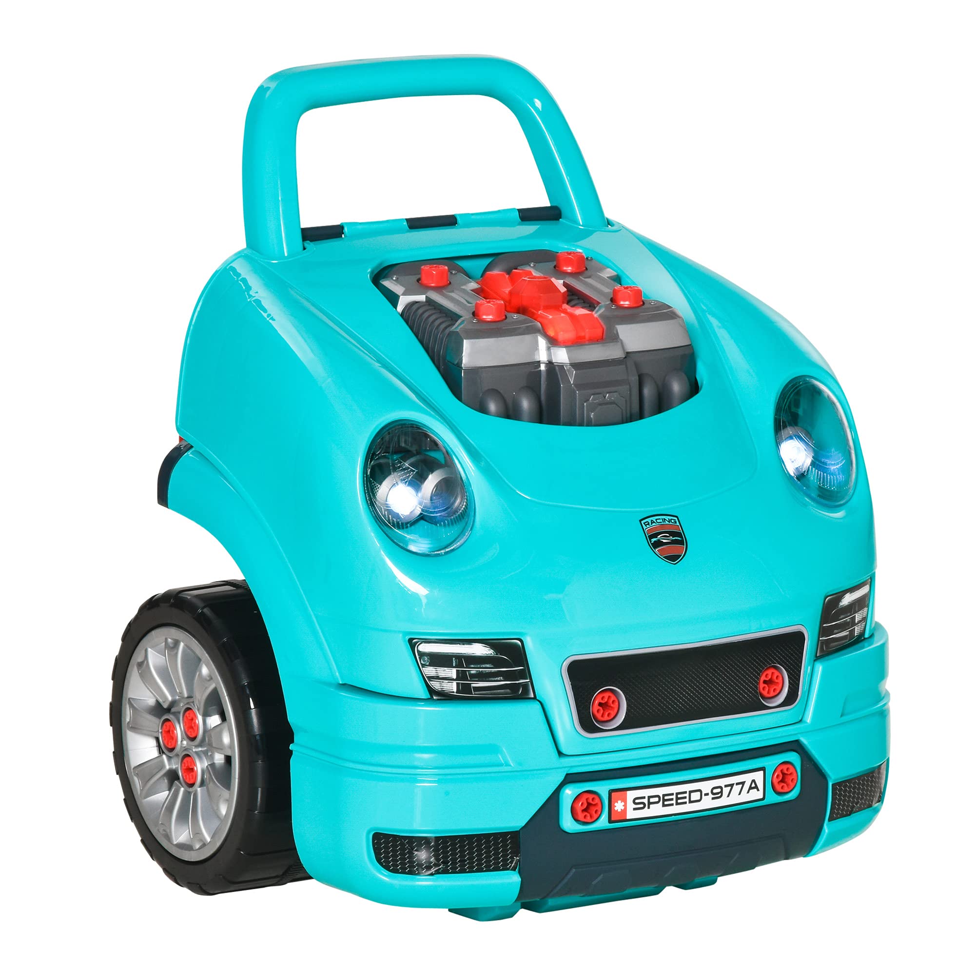 Qaba Kids Truck Engine Toy, Kids Mechanic Car Repair Set, Engine Disassembly Play Workshop, Includes 61 Pieces, Steering Wheel, Horn, Light for 3-5 Years Old, Teal