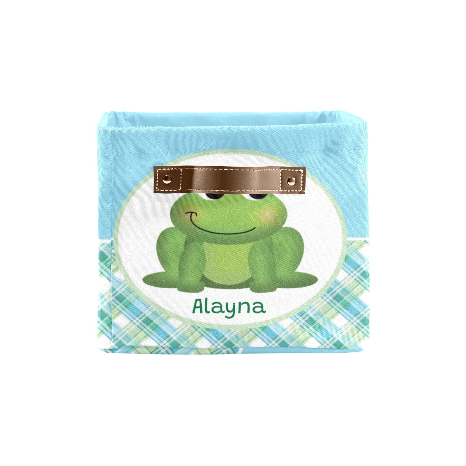 Cute Frog Green and Blue Plaid Personalized Storage Bins,Foldable Baskets Organizer with Handle for Nursery Pet Toy Clothes Box 1 Pack