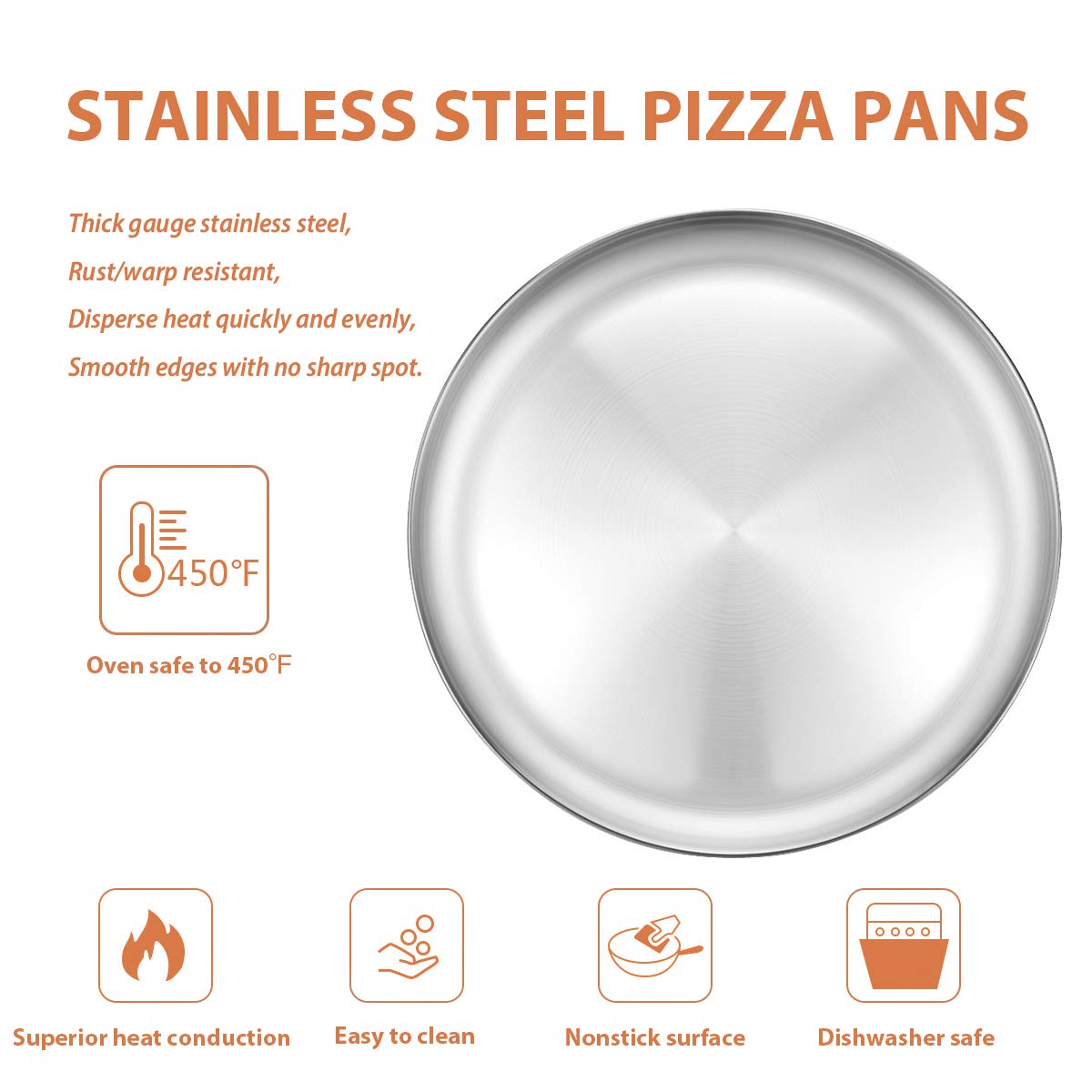 Deedro Stainless Steel Pizza Pan 13½ inch Round Pizza Tray Pizza Baking Sheet, Healthy Pizza Baking Pan Pizza Serving Tray Crisper Pan, Dishwasher Safe, 2 Pack