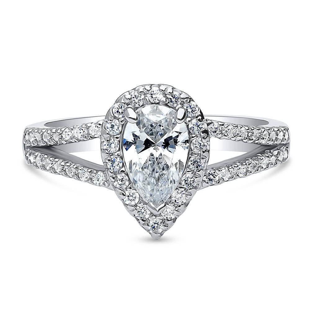 BERRICLE Sterling Silver Halo Wedding Engagement Rings Pear Cut Cubic Zirconia CZ Promise Split Shank Ring for Women, Rhodium Plated Size 7
