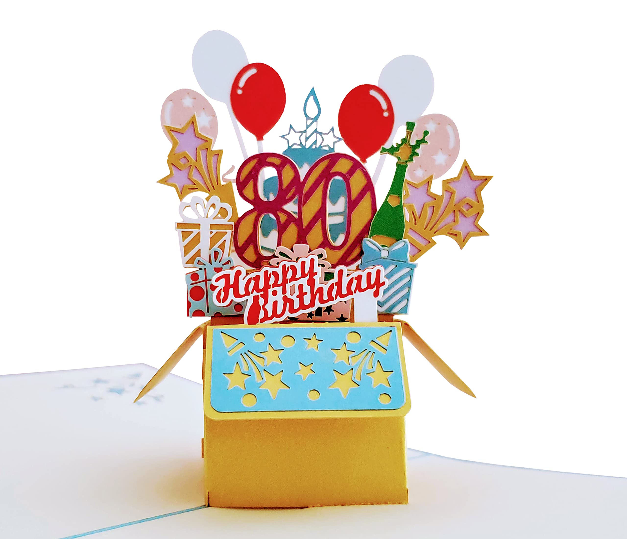 iGifts And Cards Happy 80th Blue Birthday Party Box 3D Pop Up Greeting Card – Eighty, Awesome, Balloons, Unique, Celebration, Feliz Cumpleaños, Fun, Fabulous