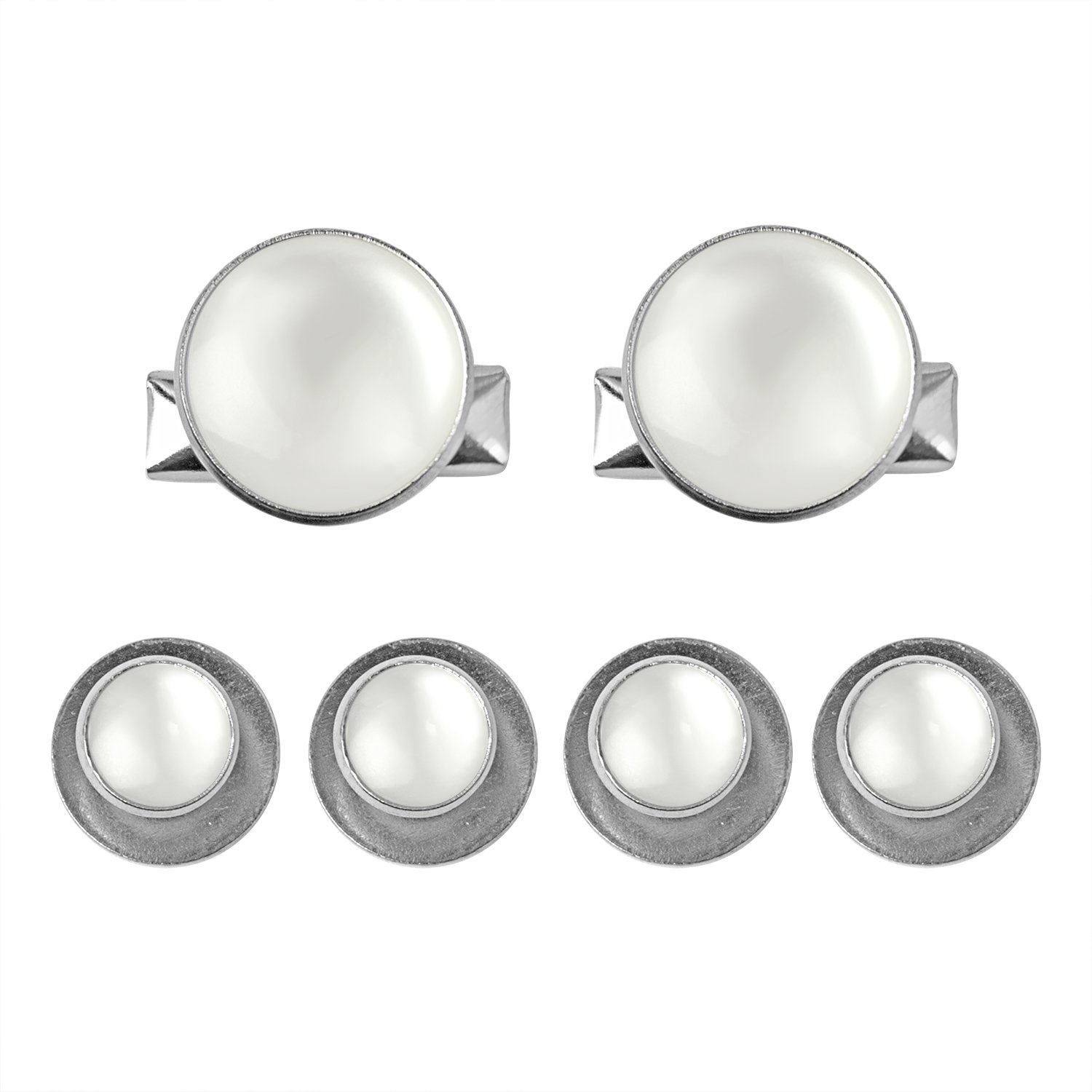 ButtonMode Tuxedo Shirt Studs and Cufflinks, White with Silver Color Trim, 6 Piece Complete Set (4 Studs for Front, 2 Cufflinks for Sleeves) with 2 Backup Cufflinks, Stainless Steel and Enamel, 1-Set