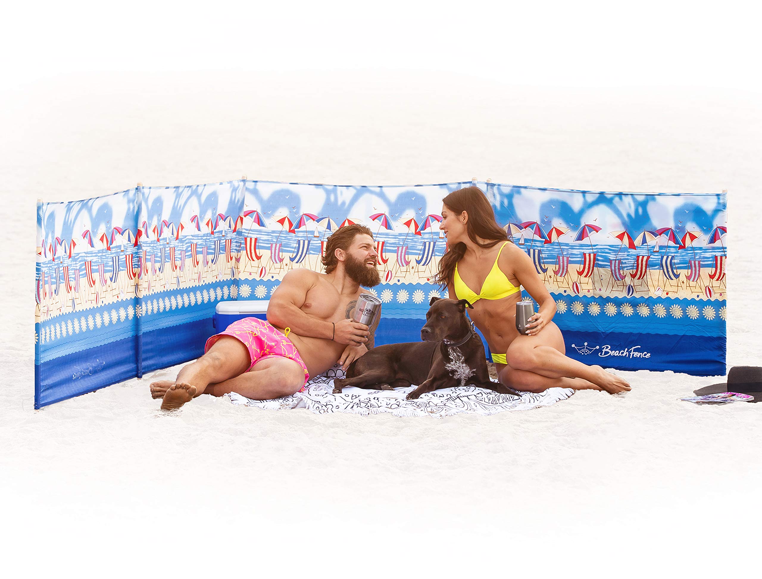 BEACH FENCE 20 ft Beach Windscreen, Privacy Screen, Wind Blocker - Beach Scene, with Mallet and Bag