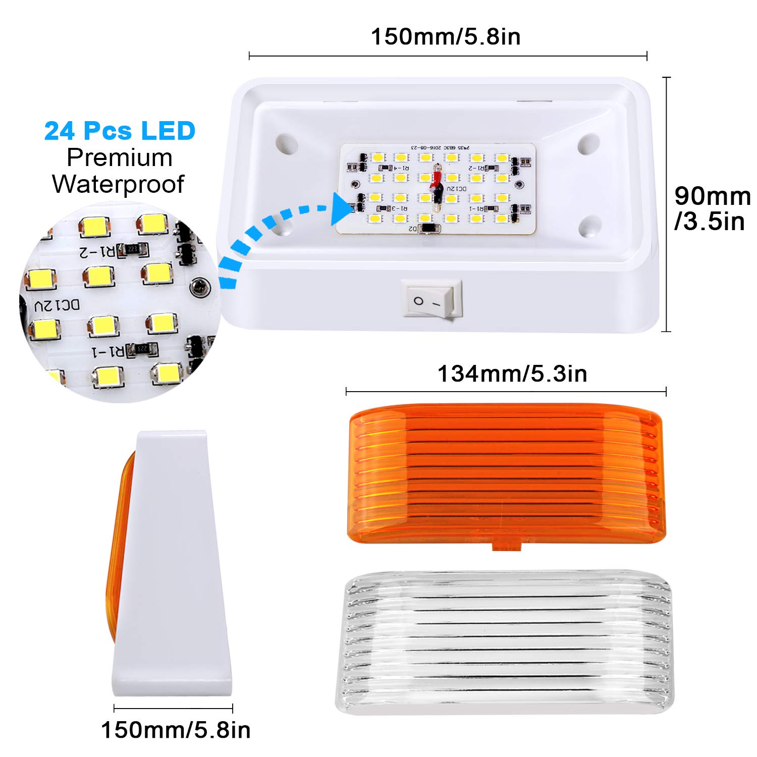 BlueFire Super Bright LED RV Porch Light RV Exterior Lights Porch Utility Light 12V Replacment Light with ON/OFF Switch, Clear and Amber Removable Lens for RV, Trailer, Camper (1 Pack)