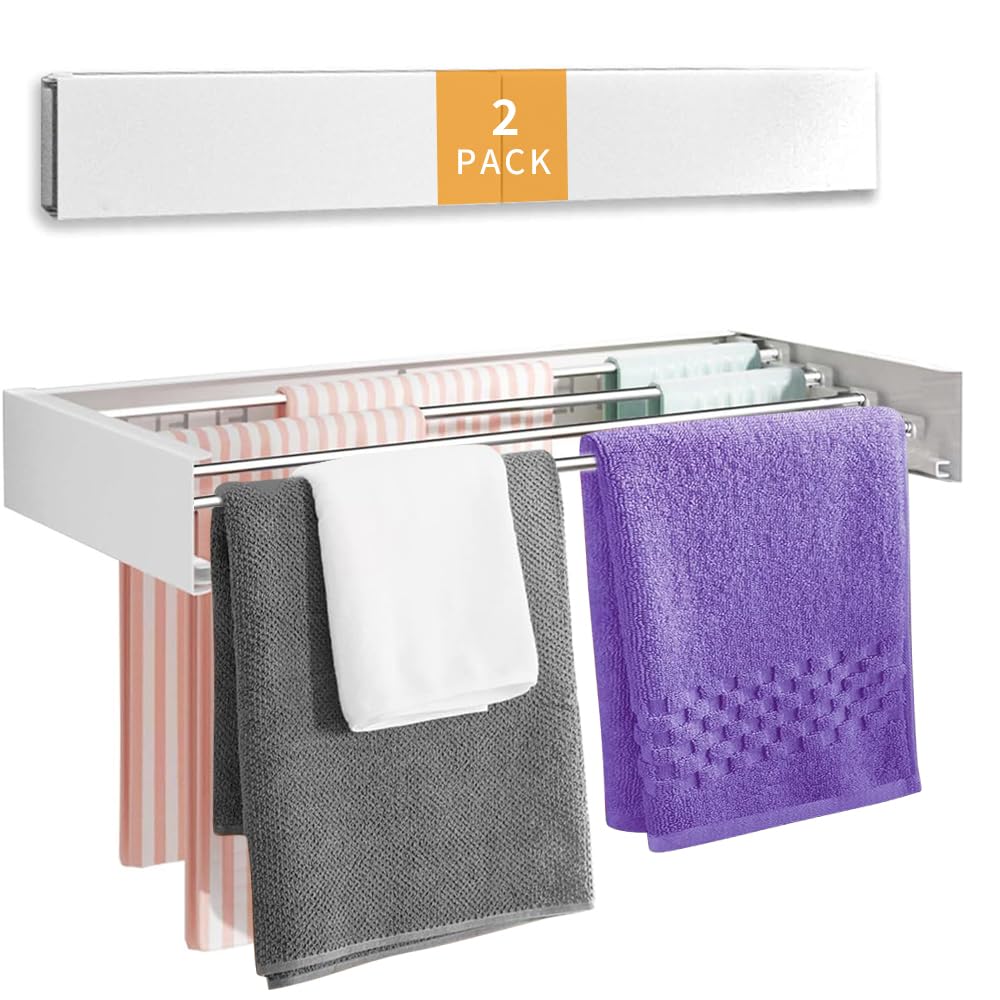 Dontinhu Laundry Drying Racks 2 Pack Collapsible, Wall Mounted Retractable Clothes Drying Rack, 45lbs Capacity, 8 Linear Ft,4 Metal Rods, with Wall Template (White2-23.6").