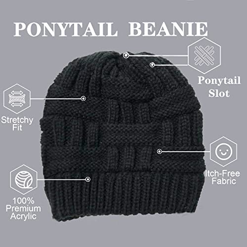 Bocianelli Womens High Messy Bun Beanie Hat with Ponytail Hole, Winter Warm Trendy Knit Ski Skull Cap Classic-Black