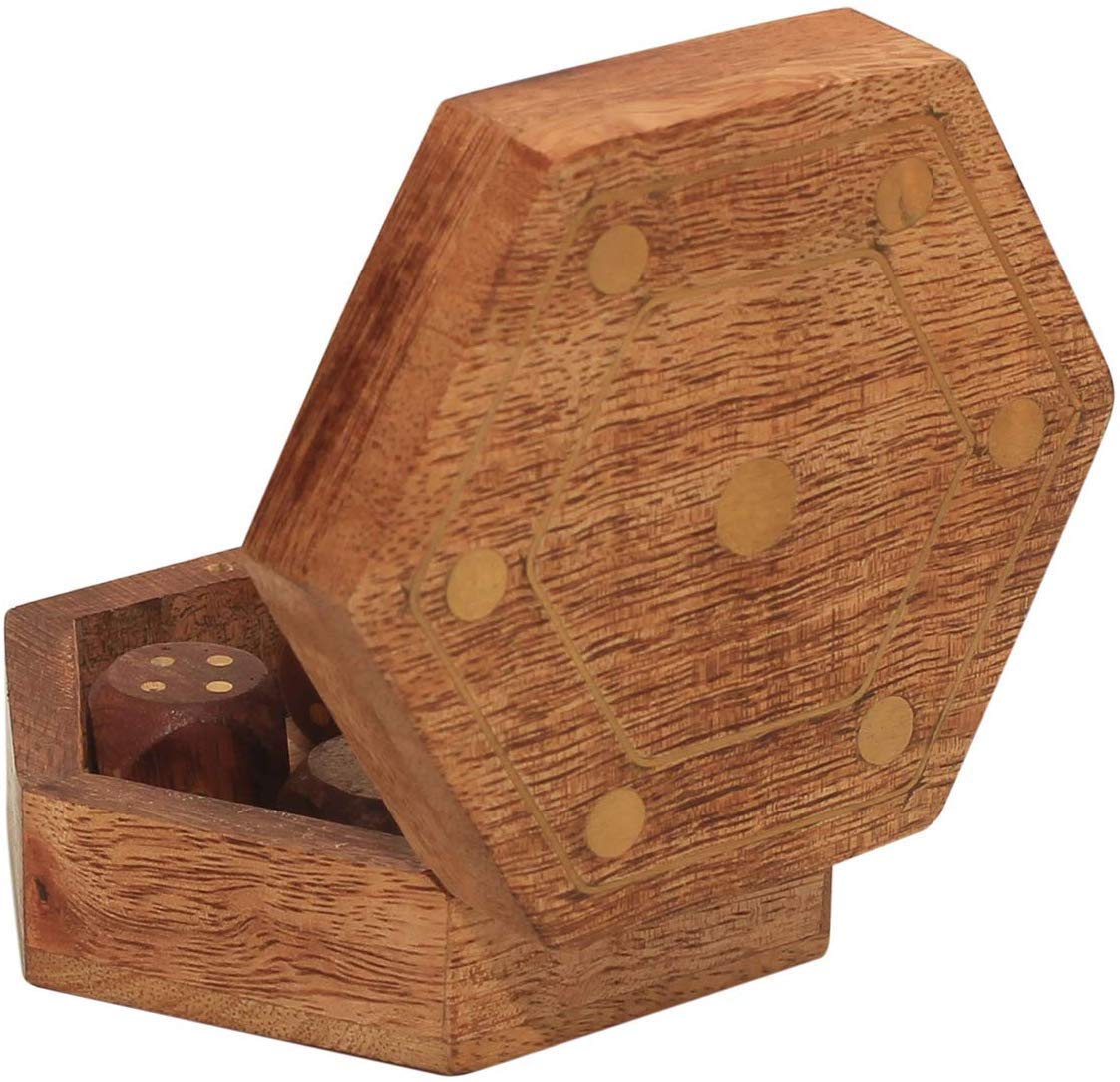 Krazy Craft Wood Dice Box With 5 Wooden Dices - Handmade Dice Game Brass Inlay Dices For Tabletop Countertop Standing Display Dice Box Board Games Accessories For Kids Adults Teens