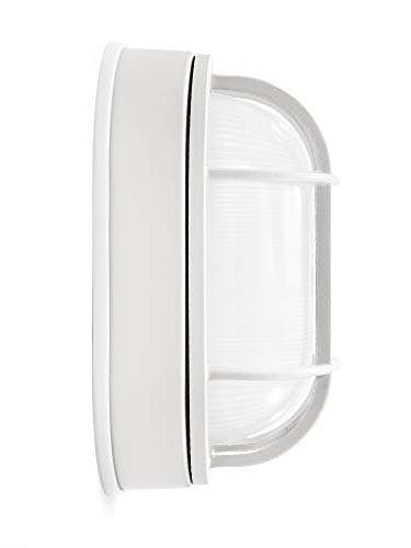 CORAMDEO Outdoor 8.5” Oval LED Nautical Bulkhead Light, Flush Mount for Wall or Ceiling, Wet Location, 75W of Light, 800 Lumens, 3K, White Cast Aluminum with Frosted Glass Lens