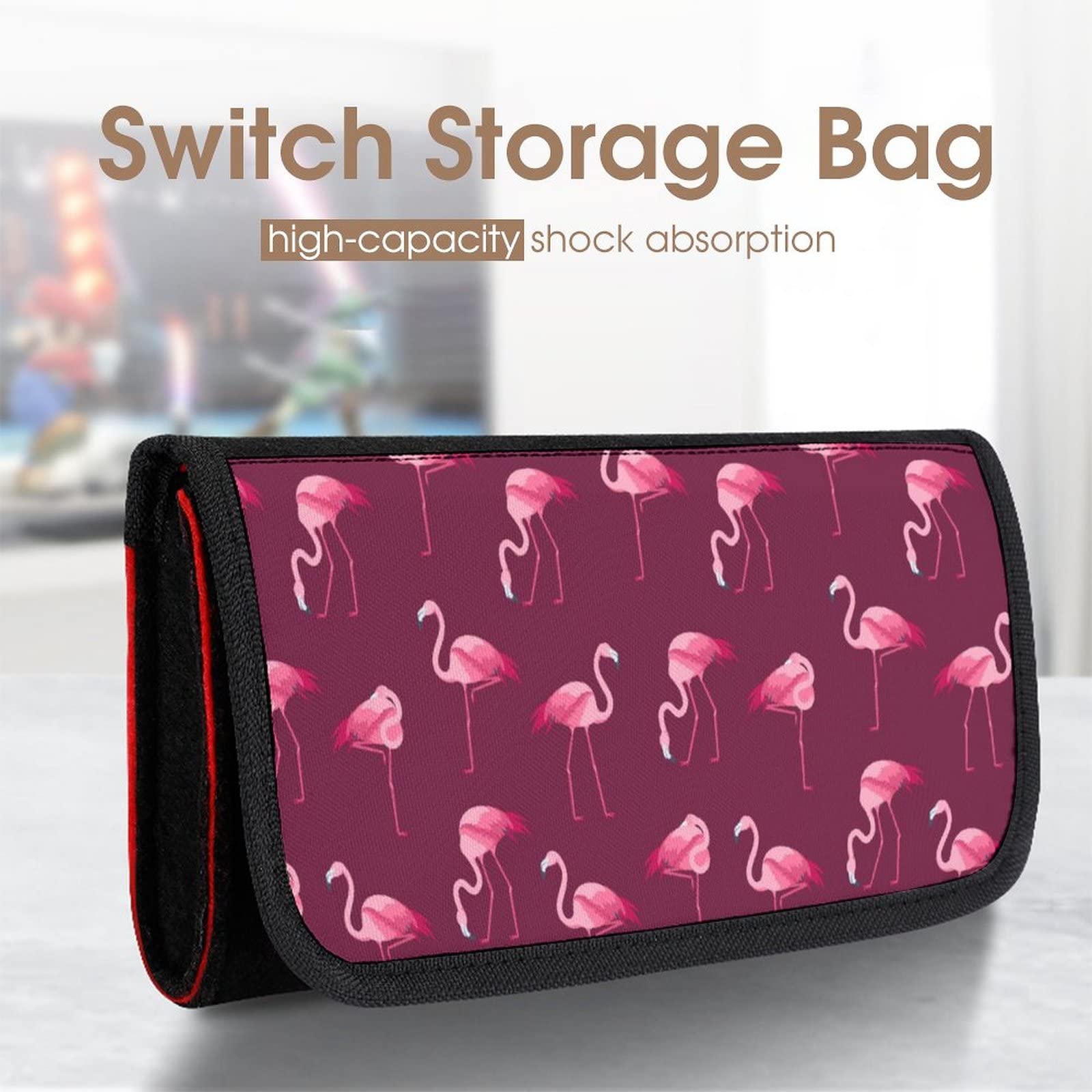 Cartoon Pink Flamingo Bird Carrying Bag Compatible with Switch Protective Case Slim Felt Pouch with 5 Game Cartridges Holders