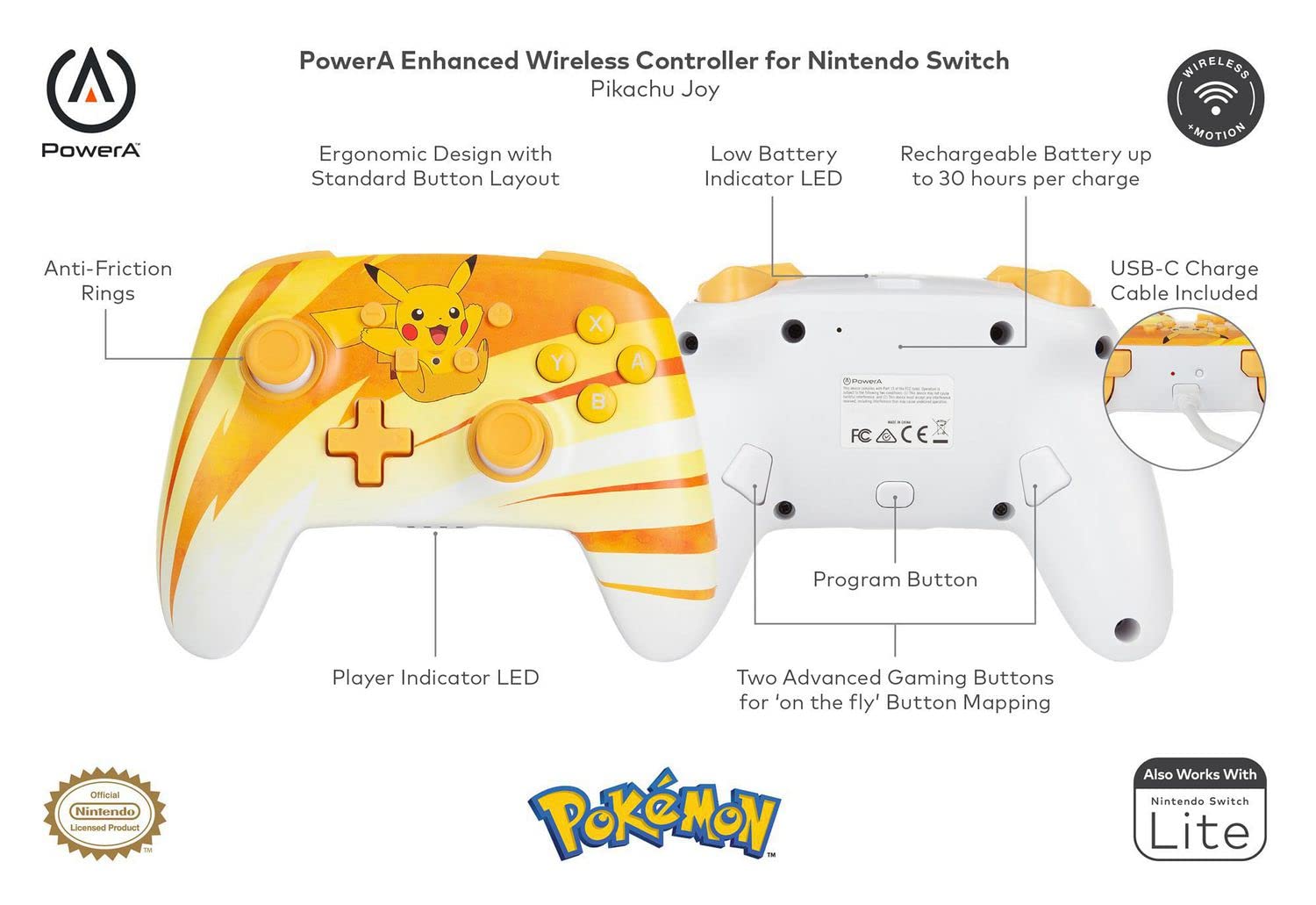 BDA PowerA Enhanced Wireless Controller for Nintendo Switch - Pokmon: Pikachu Joy
