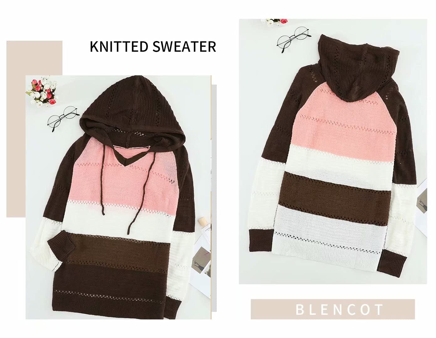 BLENCOT Women's Cute Color Block Drawstring Pullover Sweatshirts Fashion Knitted Tops Autumn Long Sleeve Hoodies Sweater Brown L