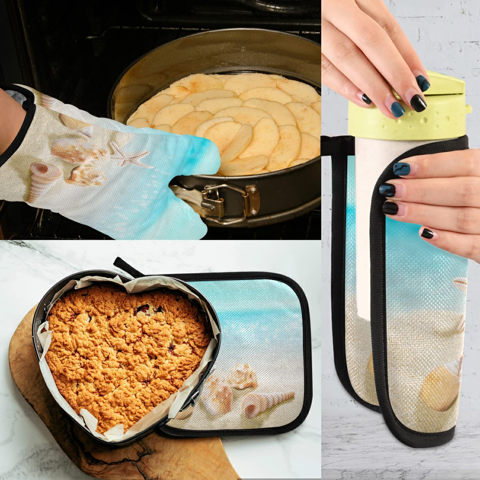 Conch Starfishs Seashells Sand Oven Mitts and Pot Holders Sets Summer Holiday Hot Pads Heat Resistant Cooking Gloves Handling Kitchen Cookware Bakeware BBQ