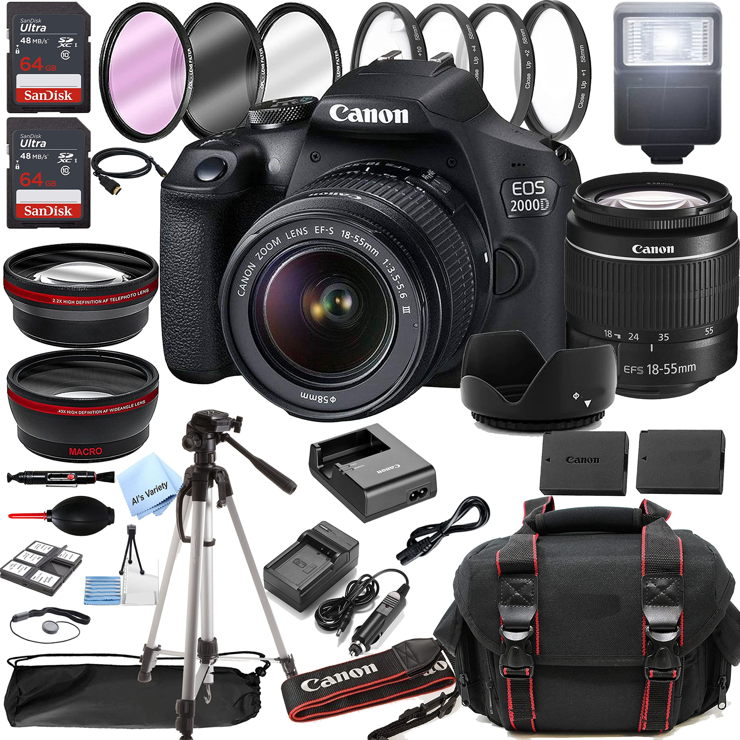 Canon EOS 2000D (Rebel T7) DSLR Camera w/EF-S 18-55mm F/3.5-5.6 Zoom Lens + 128GB Memory + Case + Tripod + Filters (36pc Bundle)