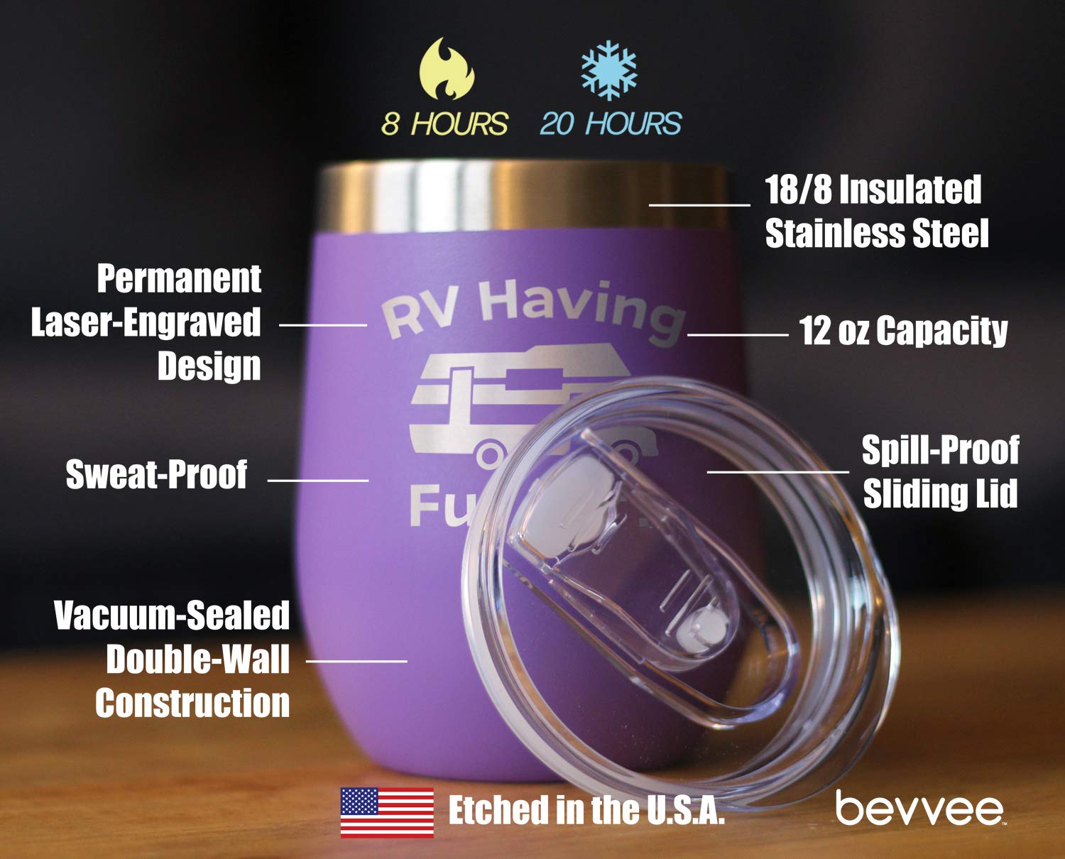 Bevvee RV Having Fun Yet Wine Tumbler with Sliding Lid - Stemless Stainless Steel Insulated Cup - Cute Outdoor Camping Mug - Purple