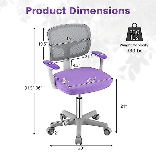 Giantex Kids Desk Chair, Height Adjustable Children Swivel Computer Chair with Y-Shaped Lumbar Support & Auto Sit-Locking Wheels, Mesh Kids Task Chair for Study, Boys Girls Aged 4-13,Purple