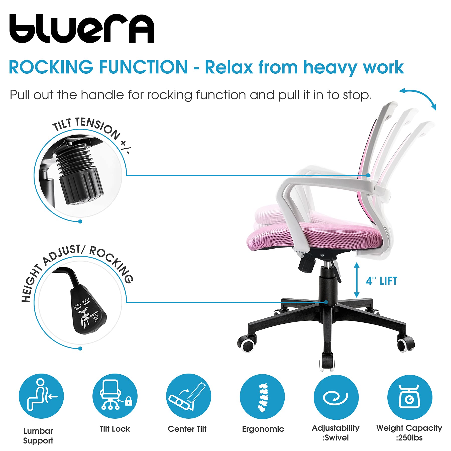 BLUERA Office Chair Ergonomic Desk Chair Mesh Computer Chair Swivel Chair with Back Lumbar Support- Multiple Colors-Pink