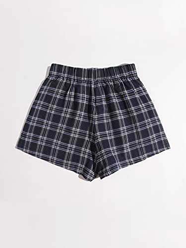 MakeMeChic Women's Elastic Waisted Plaid Shorts Lounge Pajama Shorts Navy Blue L