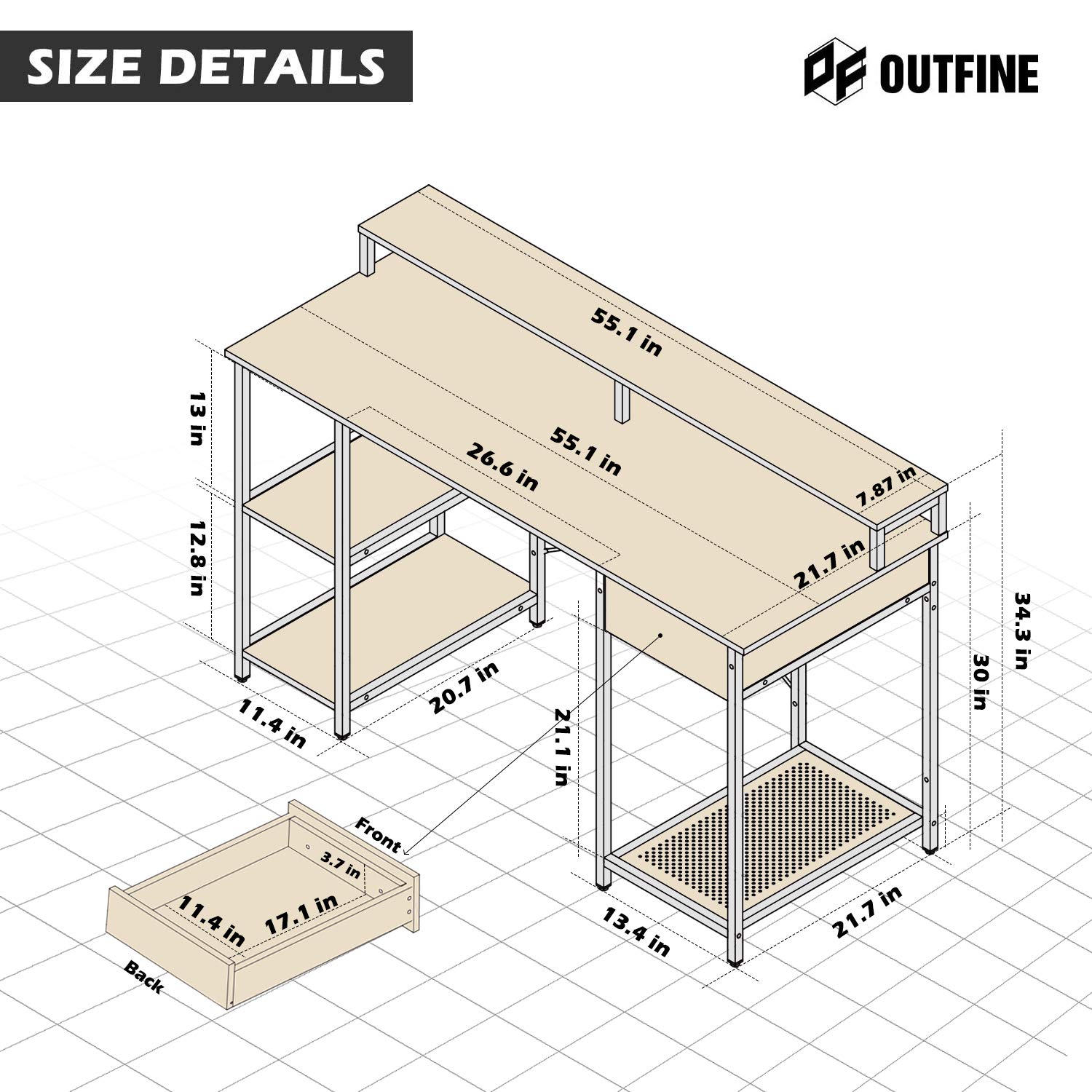 OUTFINE Desk Computer Desk Office Desk with Wodden Drawer, Monitor Stand and Storage Shelves