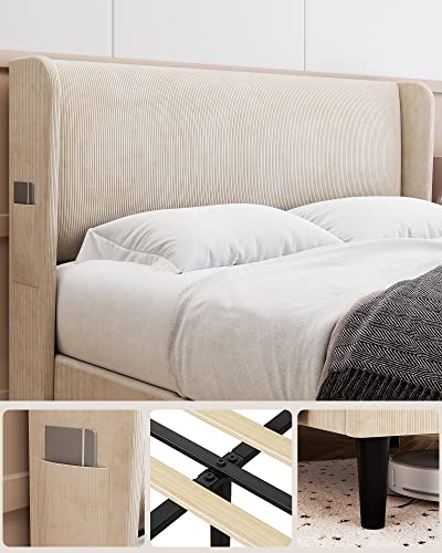 Homhougo Queen Bed Frame, Upholstered Platform Bed with Wingback Headboard, Velvet Upholstered Bed Frame with 2 Storage Pockets, Strong Wooden Slat Support, Easy Assembly, Box Spring Optional, Beige