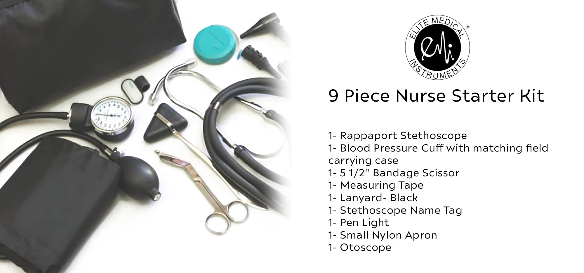 EMI Nursing Essentials Starter Kit Stethoscope Blood Pressure Monitor and More - 9 Pieces Total