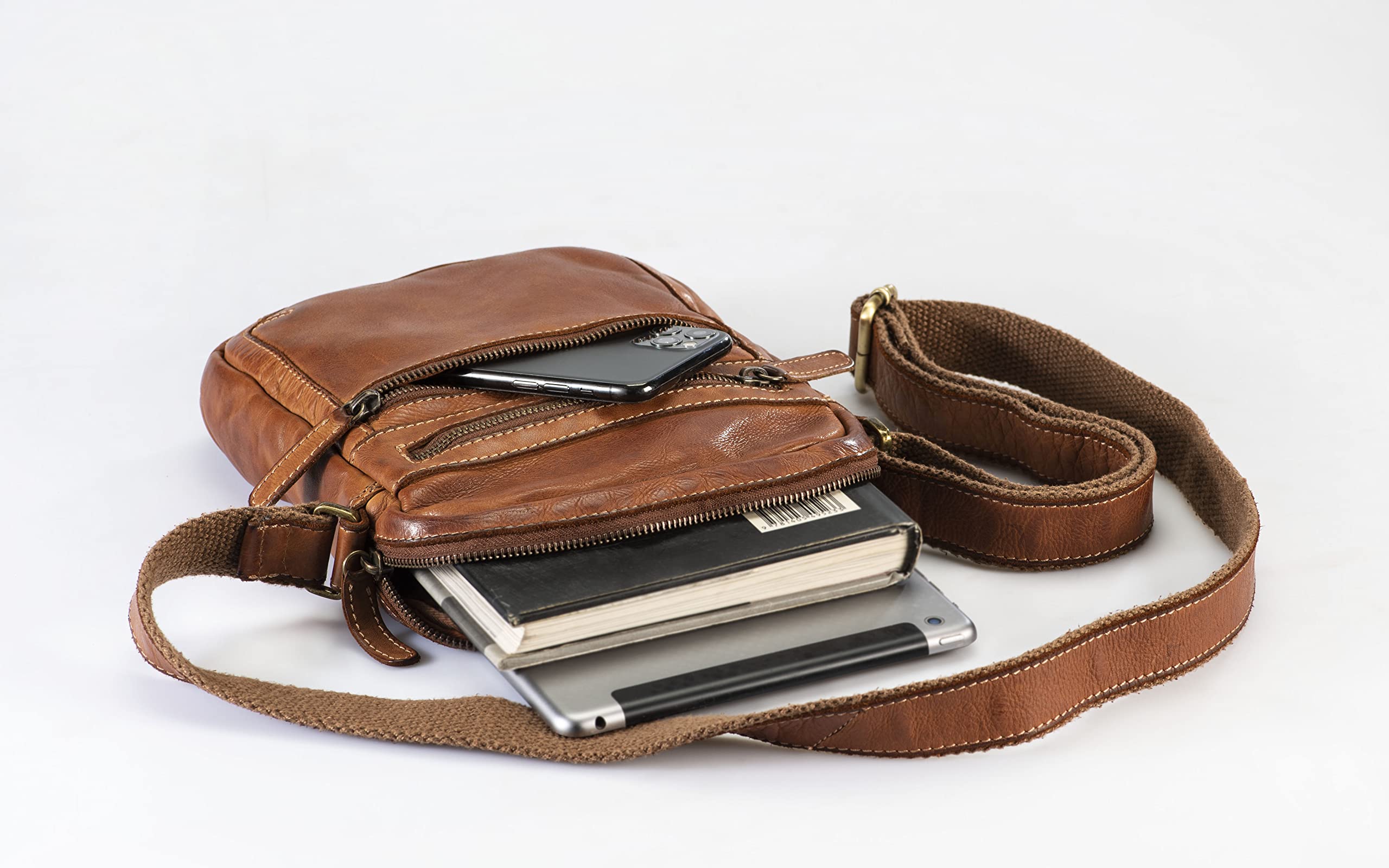 PICCO MASSIMO Premium quality leather made Cross Body Bags for men and women |Spacious Separate Compartments With Zipper and Adjustable straps (TAN Colour)
