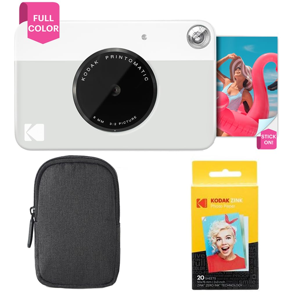 KODAK Printomatic Full-Color Instant Print Camera Starter Bundle + Carrying Case + Zink 20pk Photo Paper - Colorful Photos On 2x3 Sticky-Back Paper - Fun Gift for Birthday Christmas Holiday - Grey