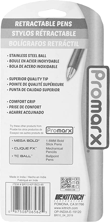 Promax Grippy 1.0 Retractable pen, Black Ink, Comfort Grip, 4 pack