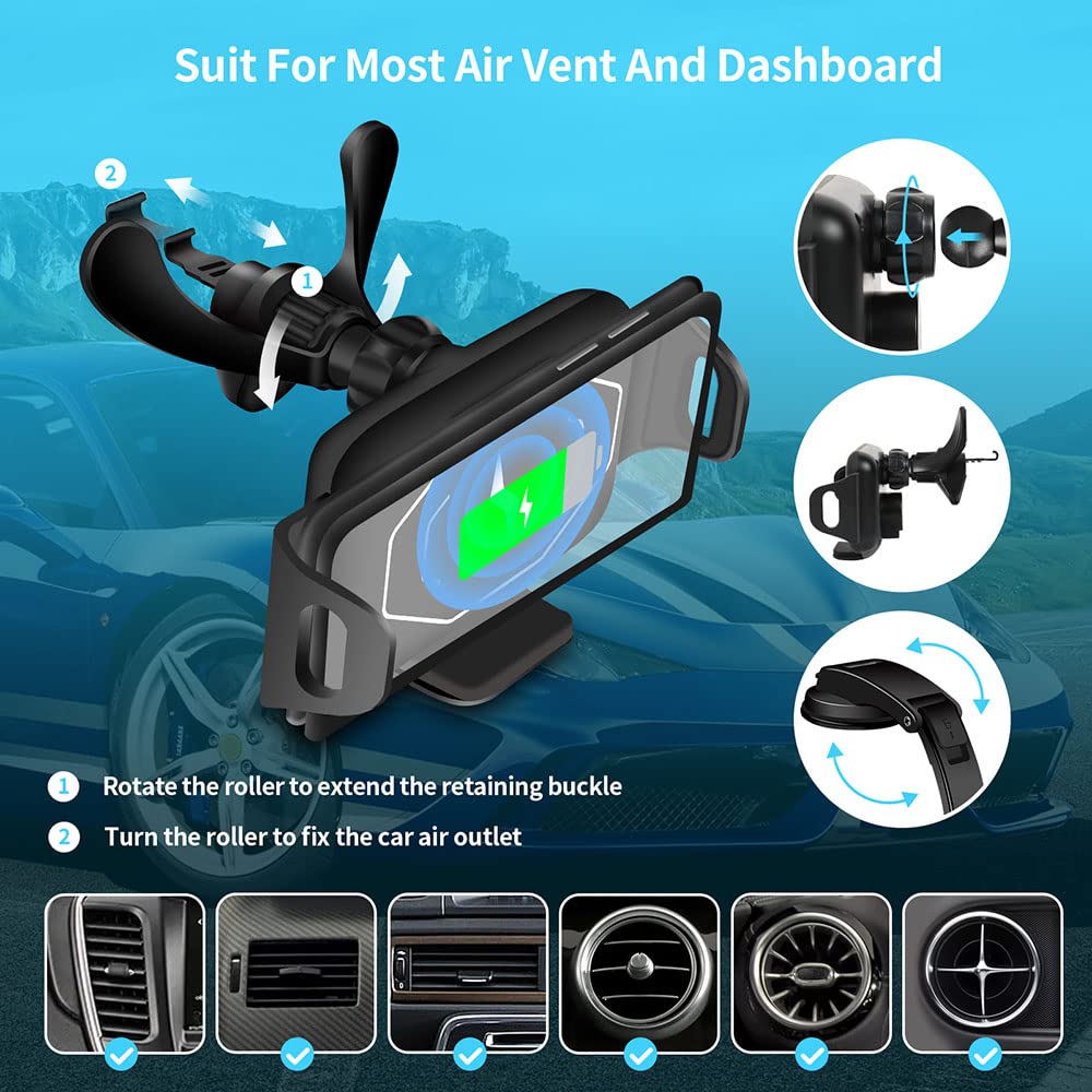 FULNEY Wireless Car Charger Mount, 15W Car Wireless Charger Holder for Air Vent & Dashboard, Compatible with Galaxy Z Fold 4/3/2/iPhone 14/13/12/11/X/8 Series/Samsung S22 Ultra/Note20
