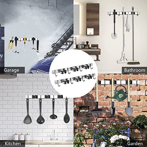 Kozci 2 Pack Mop and Broom Holder Wall Mount, Anti-Slip Broom Organizer Wall Mount Self Adhesive Broom Hanger, Stainless Steel Tools Rack Mop Storage Organizer for Kitchen Garden Garage(3 Racks 4Hook)