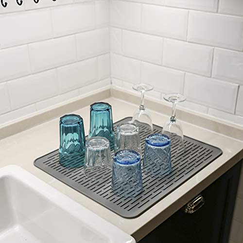 Kinlink Silicone Dish Drying Mats 2 Pack - 18x16 Large Dishwasher Safety Counter Pad for Faster Drying, Kitchen Dish / Dish Draining / Sink Mat, Heat Resistant Trivet, Grey