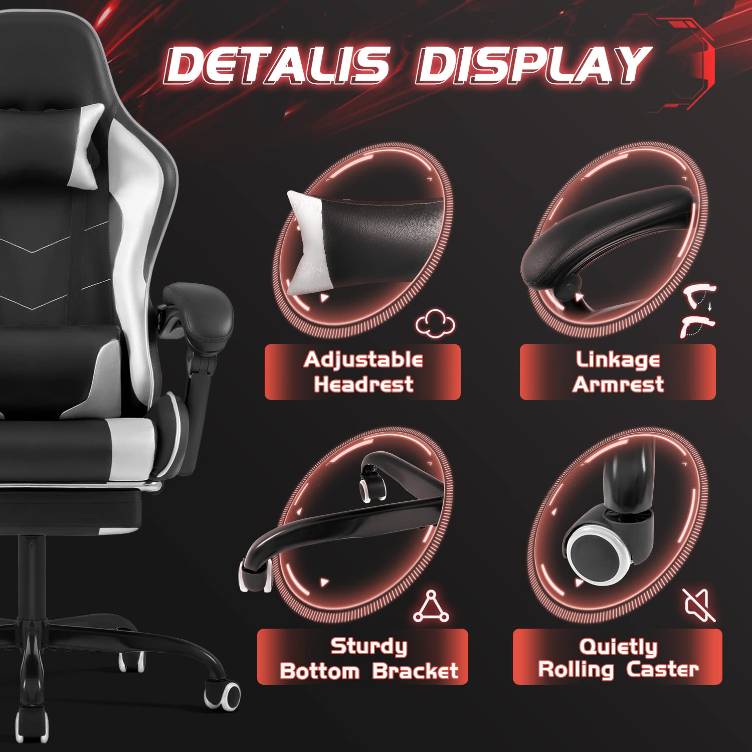 Shahoo Gaming Chair with Footrest and Massage Lumbar Support, Video Racing Seat Height Adjustable with 360°Swivel and Headrest for Office or Bedroom, Red and Black