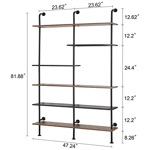 HOMISSUE Industrial Bookshelf 6-Tier Open Wall Mount Ladder Bookshelf, Modern Bookcase with Metal Frame and Wood for Home Office, Wall Mounted Industrial Iron Pipe Shelf, Brown