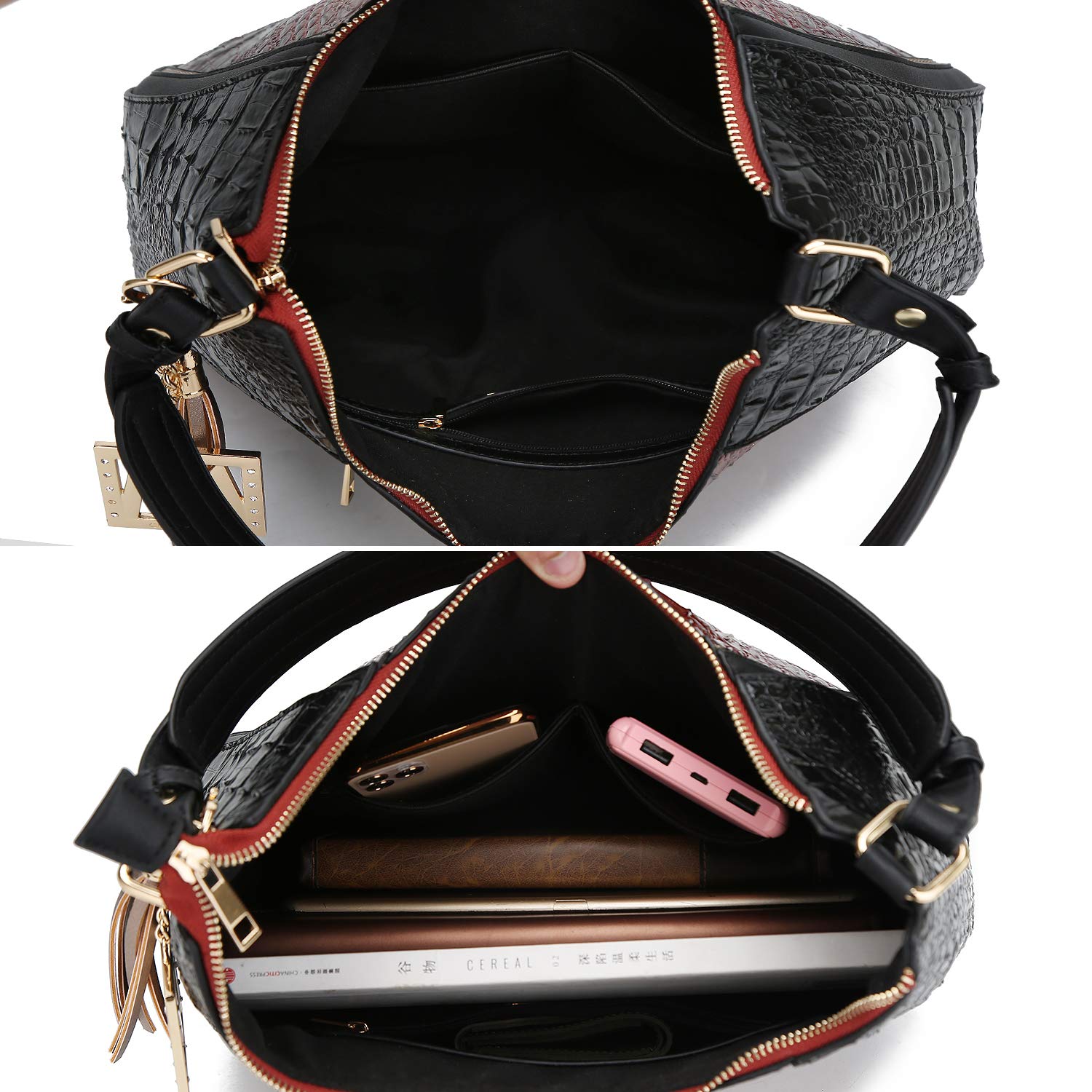 MKF Hobo Bag for Womens Fashion – PU Leather Shoulder Purse Tassel, M Charm – Top Handle Multi-pocket Handbag Black