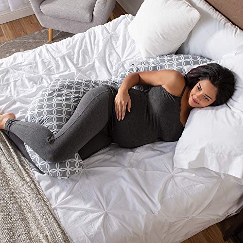 Boppy Total Body Pregnancy Pillow with Removable, Breathable Pillow Cover | Gray Scattered Leaves | Plush Full-Body Support | Prenatal and Postnatal Positioning