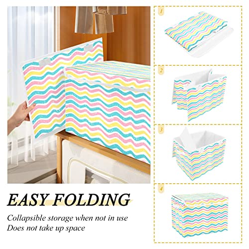 CaTaKu Cute Rainbow Waves Storage Bins with Lids Fabric Large Storage Container Cube Basket with Handle Decorative Storage Boxes for Organizing Clothes Shelves