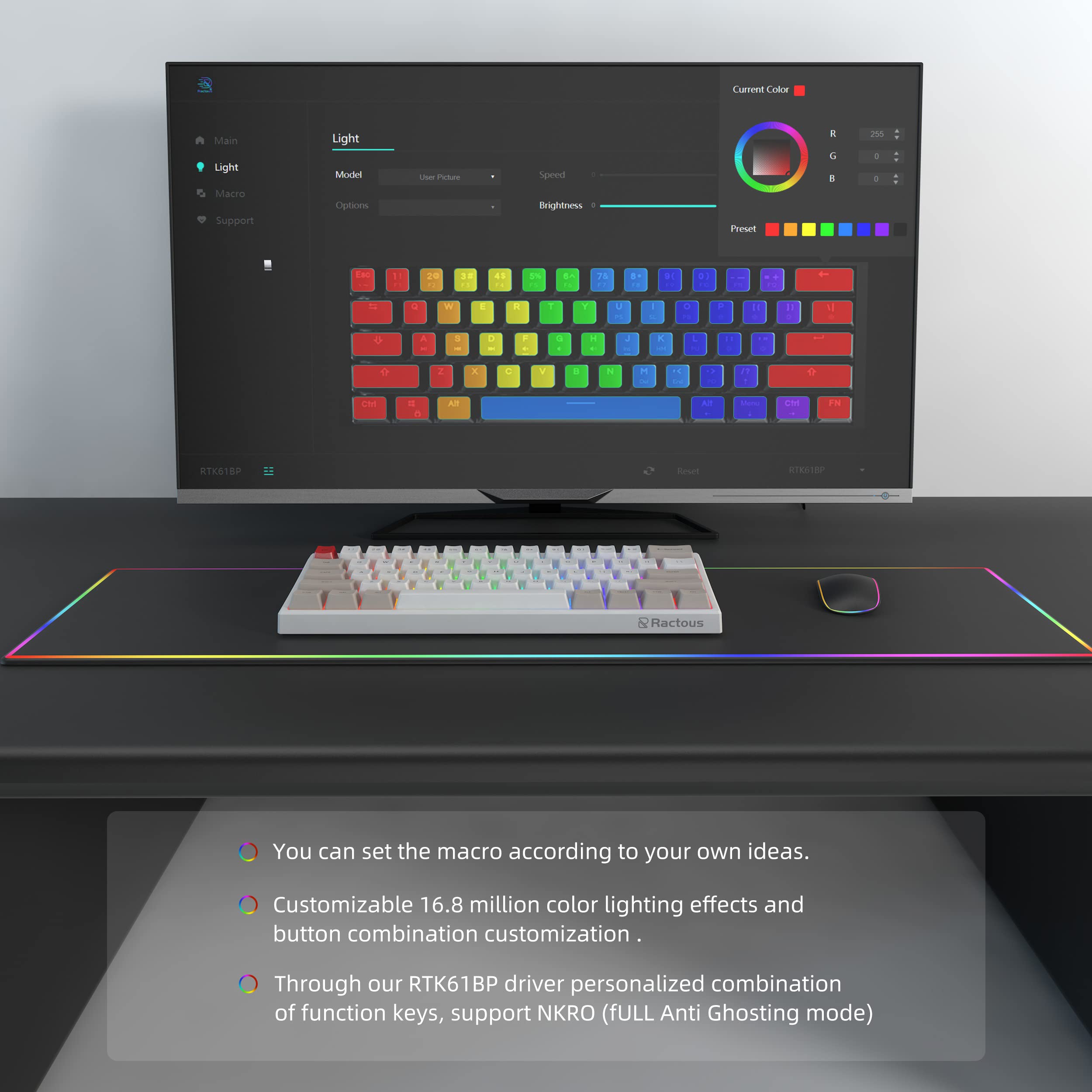Ractous RTK61BP 60% Wireless Mechanical Gaming Keyboard,RGB Blacklit PBT Sublimation Keycaps 61keys Bluetooth5.1/Wried Gaming Keyboard for PC/Mac Gamers,Hot-Swap Gateron Optical Red Switch-White