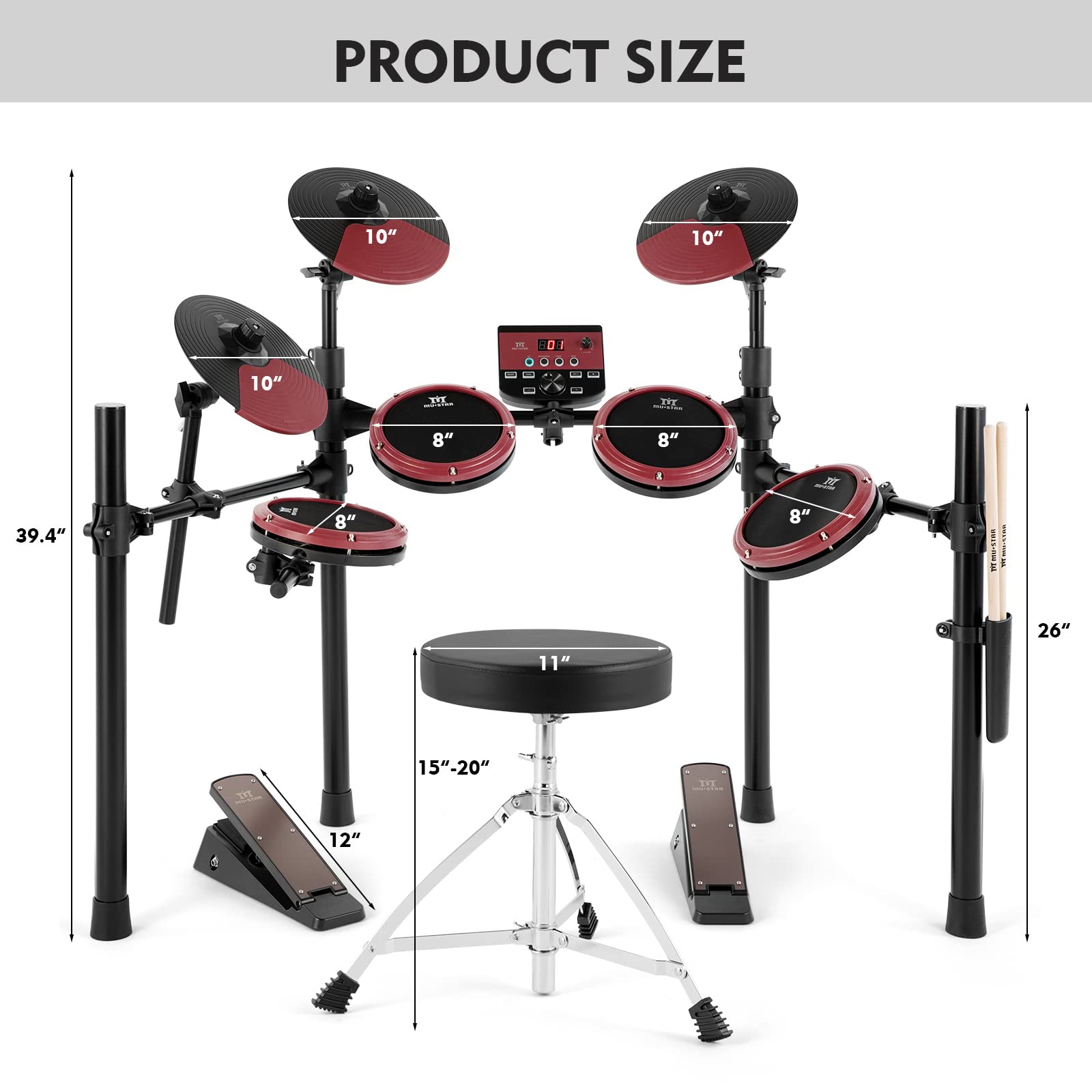 MUSTAR Electronic Drum Set, 10 Piece Electric Drum Set with 225 Sounds, 8" Dual Zone Snare, 8" Silicone Tom Pads, 10" Cymbals, Kick Drum, 2 Pedals, Sticks, USB MIDI, 15 Drum Kits (5 Pads, 3 Cymbals)