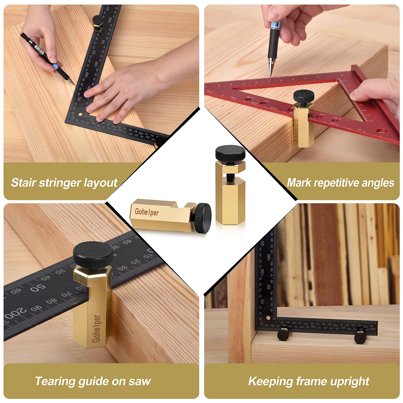 Brass Framing Square Stops, Stair Gauge set for Framing Square, Tall Heavy Duty Brass, Lengthen Hexagonal Brass body, Enlarge Knob for Carpentry Squares Stair and Rafter, Circular Saw