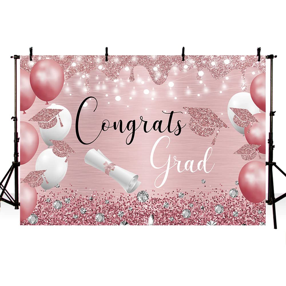 MEHOFOND 7x5ft Rose Gold Congrats Grad Backdrop Graduation Decorations Class of 2024 Ceremony Banner Pink and White Balloons Prom Supplies Photography Studio Props