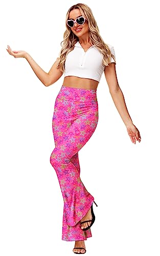 Flare Pants for Women 70s 80s Bar-bie Costume Bell Bottom Pink Disco Hippie Pants S