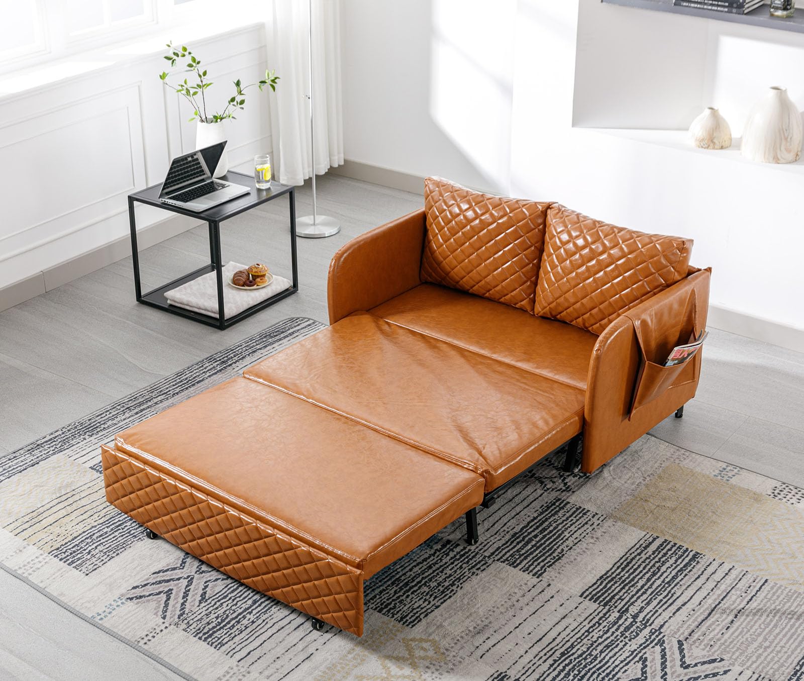 KINFFICT PU Leather Pull Out Sofa Bed, Convertible Small Loveseat Sleeper with Storage Drawer and 2 Pillows, 2 in 1 Futon Couch with Removable Pocket, Modern Love Seat for Living Room, Light Brown