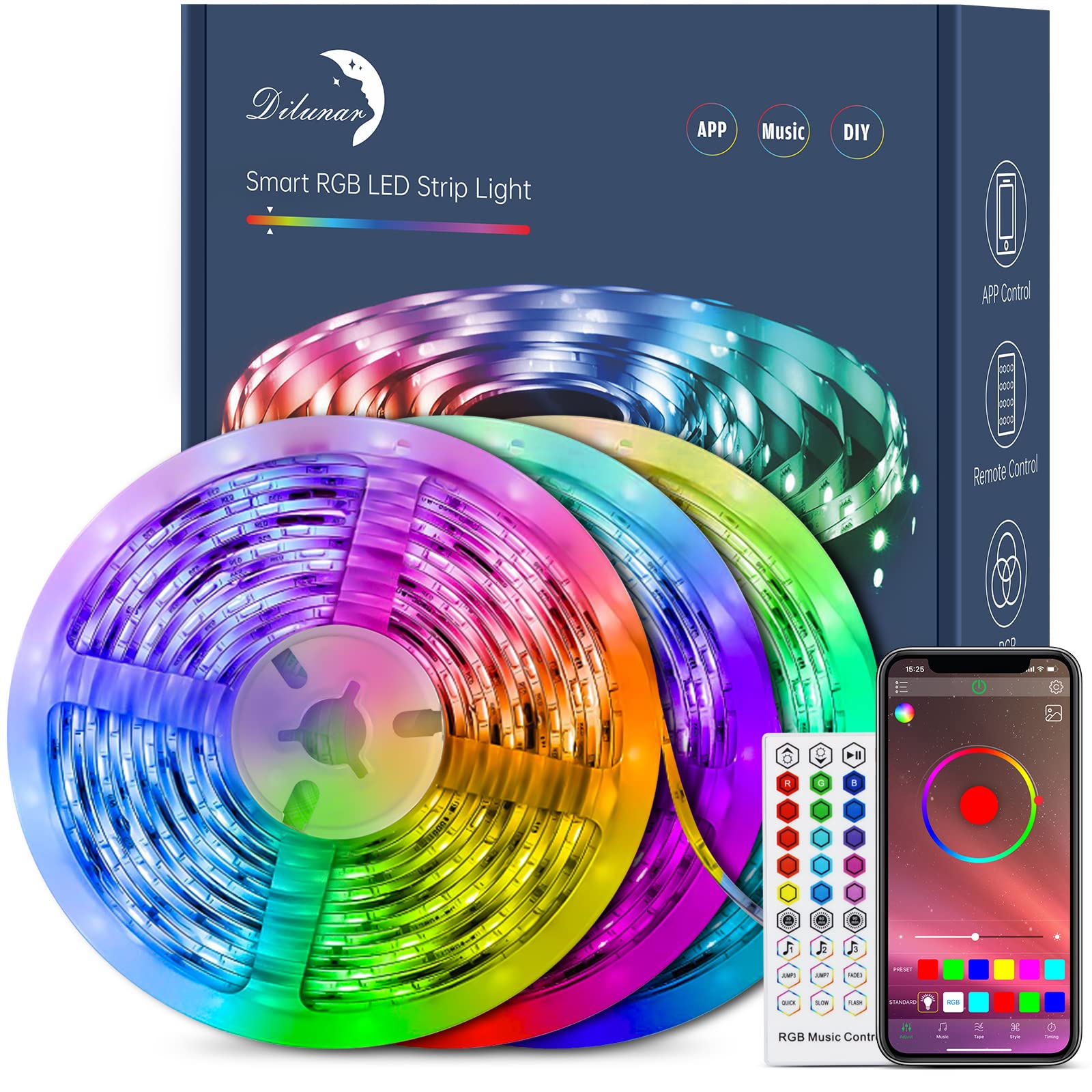 BYDIFFER 100ft Bluetooth Led Strip Lights (3 Rolls of 33.3ft), Music Sync Smart Lighting Strips with App Control, Color Change 5050 Led Light for Bedroom Room Party and Home