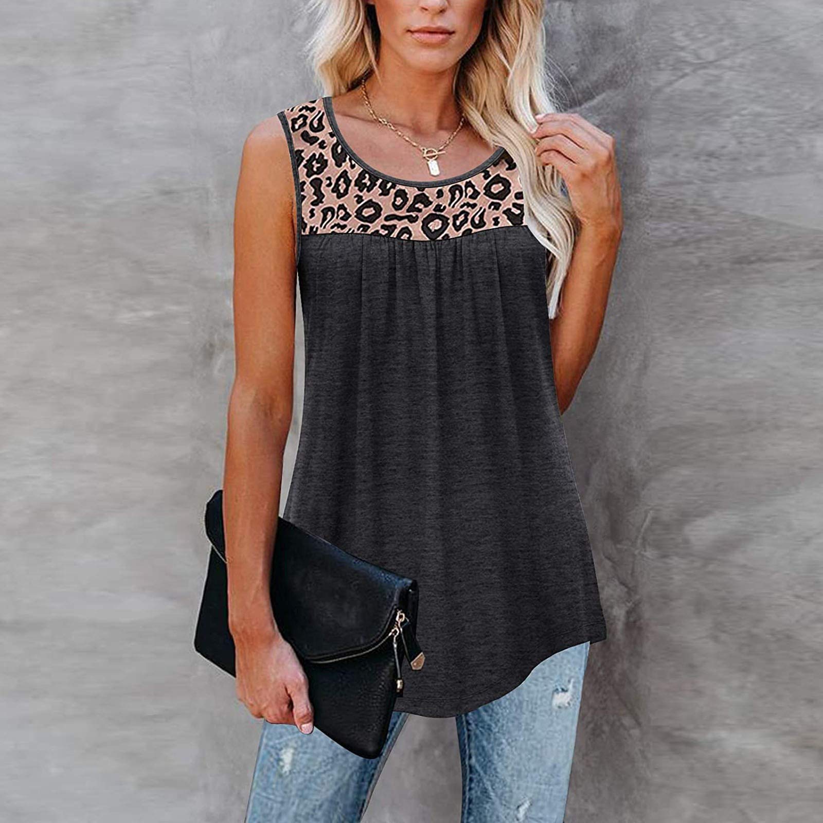 Padaleks Women's Summer Round Neck Tank Tops Flowy Sleeveless Shirts Casual Loose Lace Solid Color Tunic Blouses