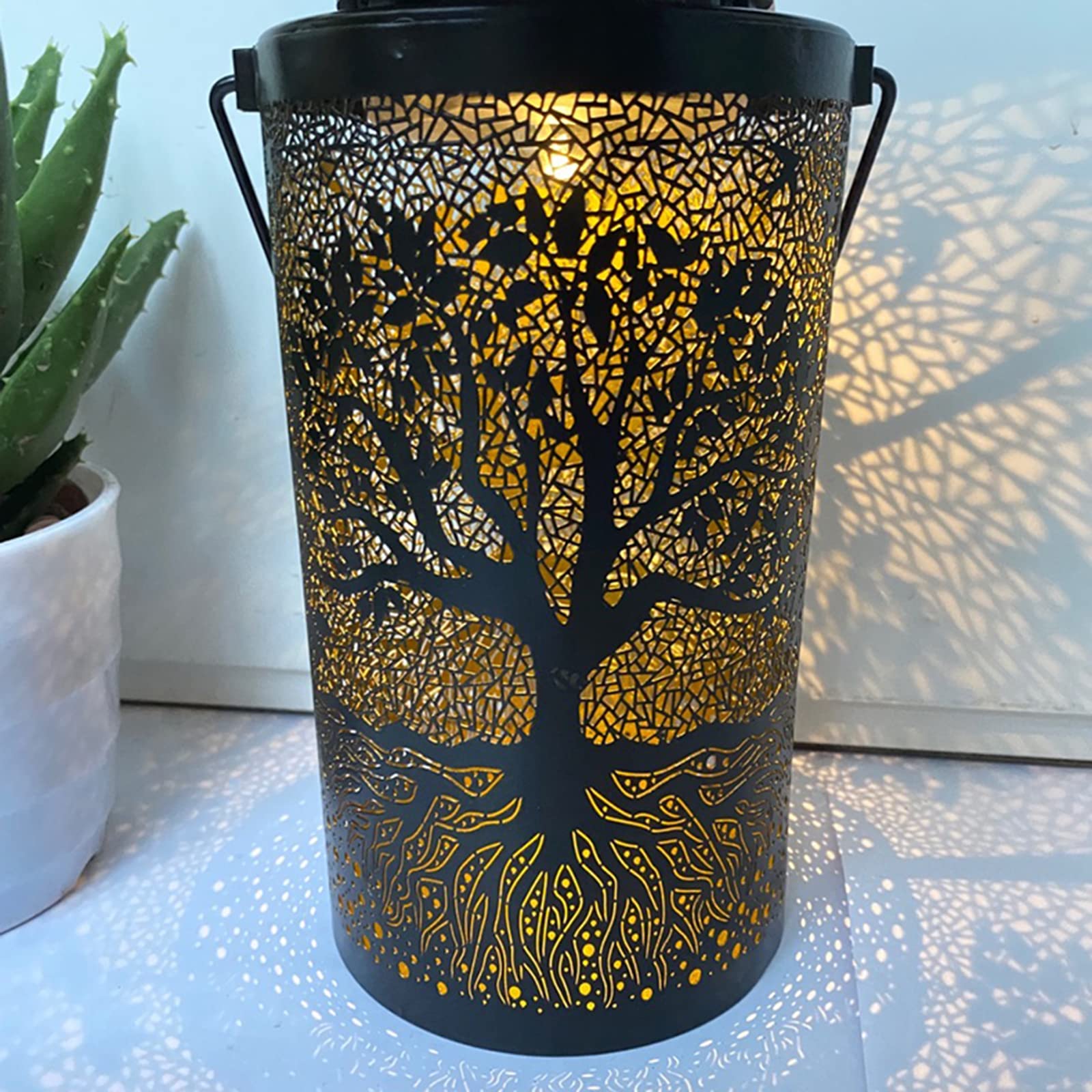 Ruiqas Solar Light Energy Saving Lamp Indoor Outdoor Hollow- Out Leaves Bucket Light Waterproof Lamp for Patio Garden Home Decoration