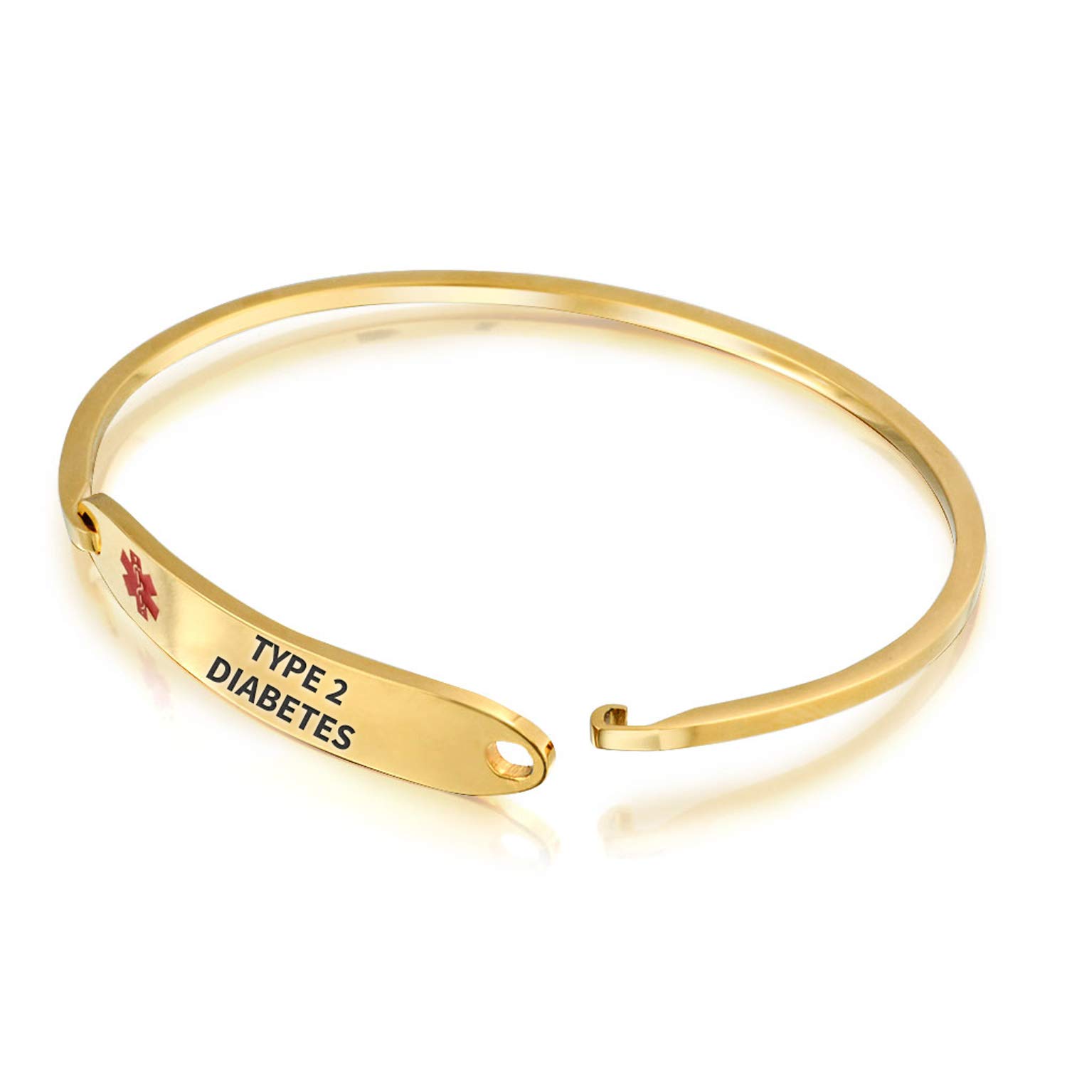 Bling Jewelry Type 2 Diabetes Medical Identification ID Bracelet Sleek Bangle For Women Gold 2 Tone Custom Engraved