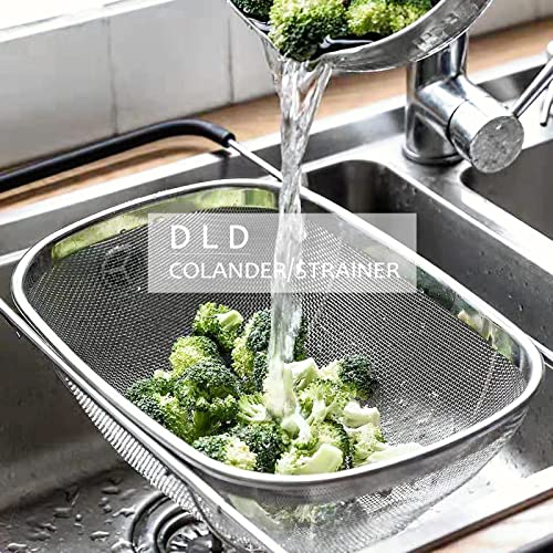 DLD colander stainless steel oval colander with fine mesh 6-quart strainer basket and expandable rubber handle-filter, drain and rinse fruits and vegetables