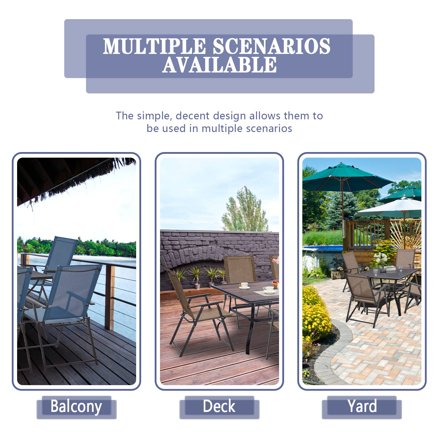 VICLLAX 5 Pieces Outdoor Patio Dining Table and Chairs Set, 4 Portable Dining Chairs & Square Metal Frame Table with Umbrella Hole for Backyard Garden Deck, Brown/Black