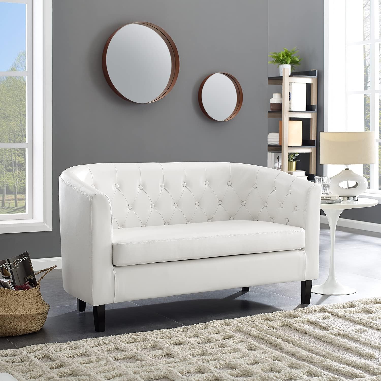 Emma Love Seat, Button Tufted Faux Leather Barrel Loveseat, Midcentury Modern 2 Seater Sofa Couch, Small Loveseat for Small Spaces, Bedrooms, Couches for Living Room, Easy Tool-Free Assembly - White